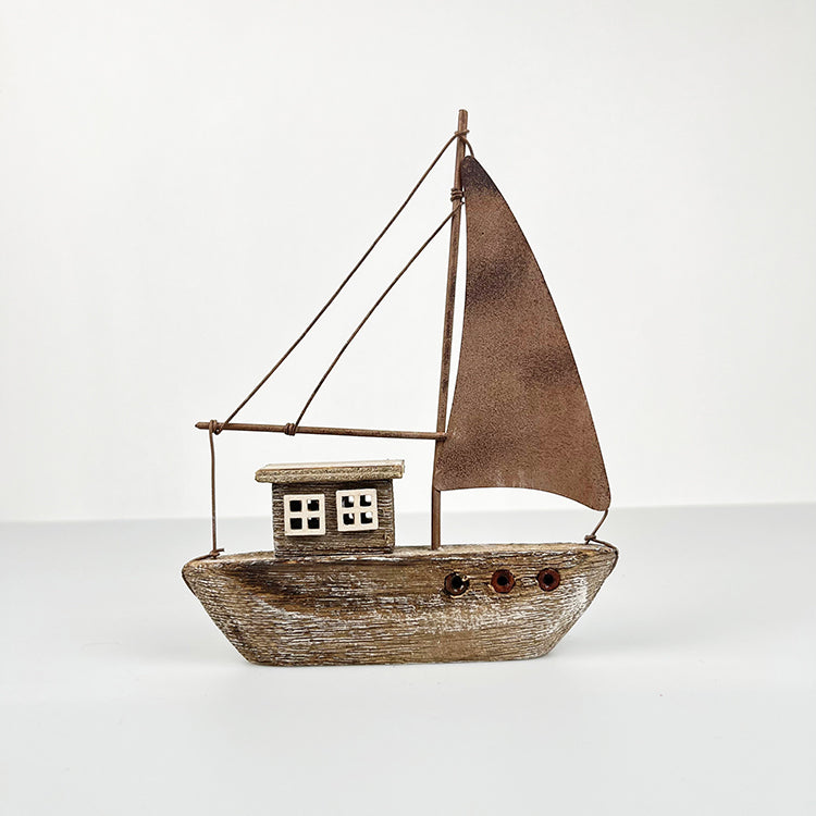 Rustic Wooden Washed Brown Boat | With Metal Sail – Photo Frames & Art